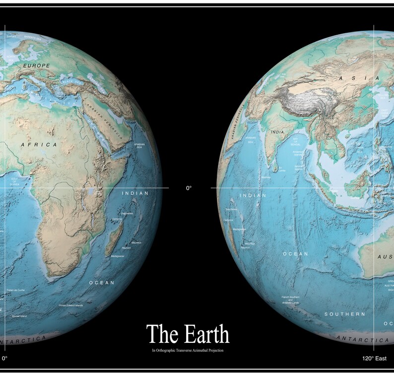 World Map the Earth in Orthographic Transverse Azimuthal Projection - Etsy