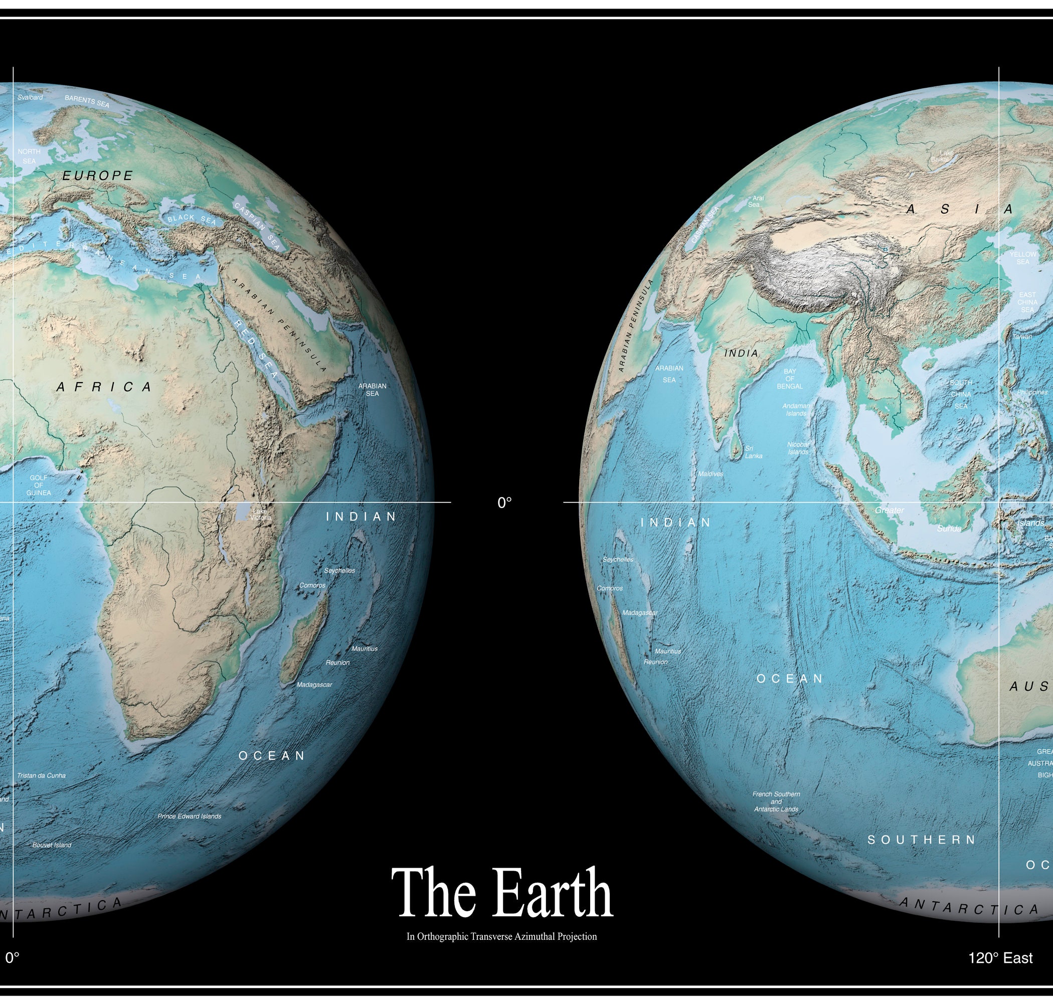 World Map the Earth in Orthographic Transverse Azimuthal Projection - Etsy