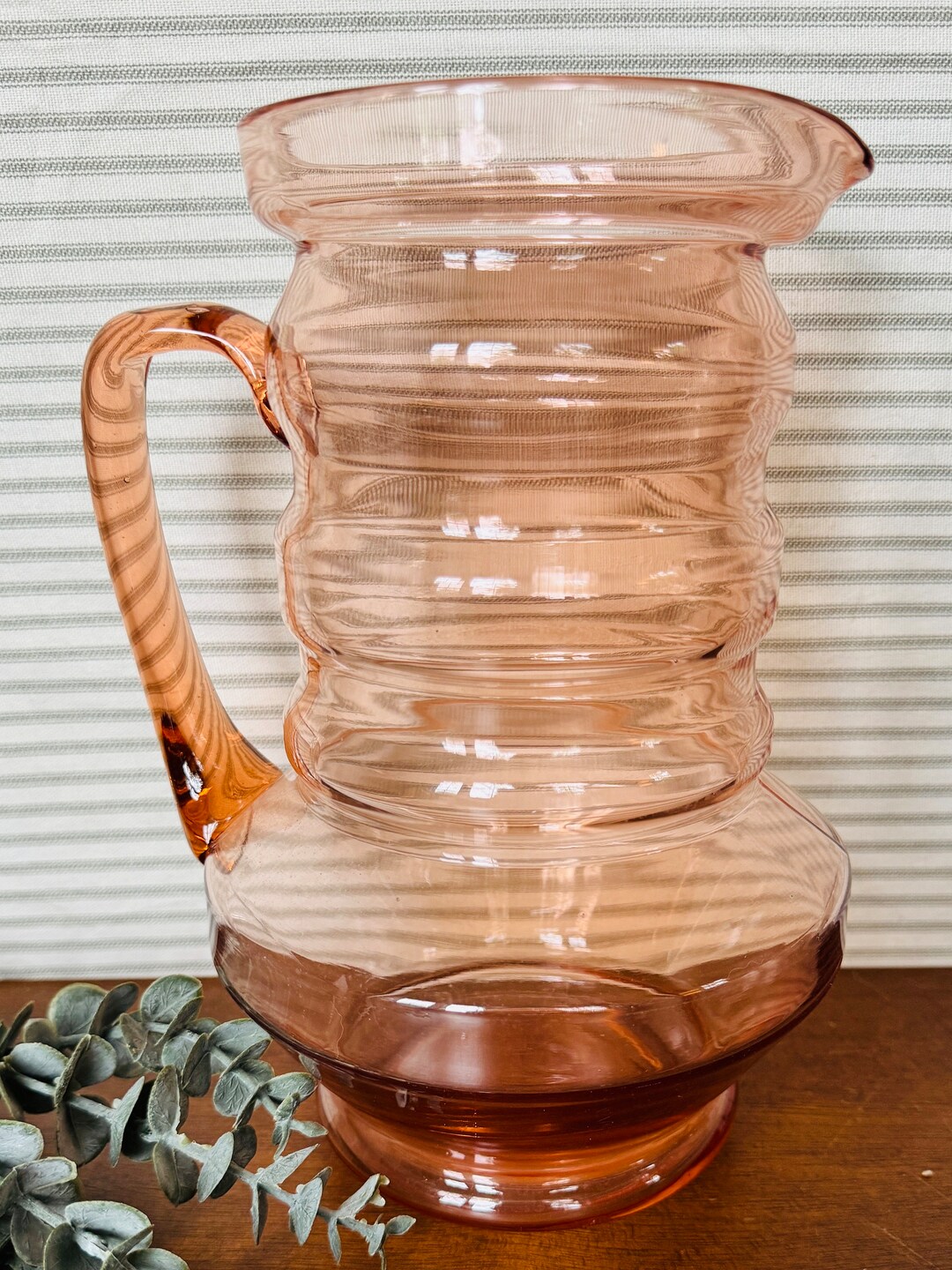 Vintage Pink Dunbar Flint Glass Pitcher With Rings, Pink Depression Era ...