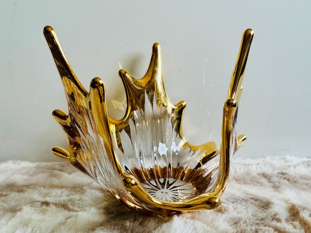 Bayel France Mid Century Crystal Glass Splash Bowl With Gold Freeform Shape - Etsy
