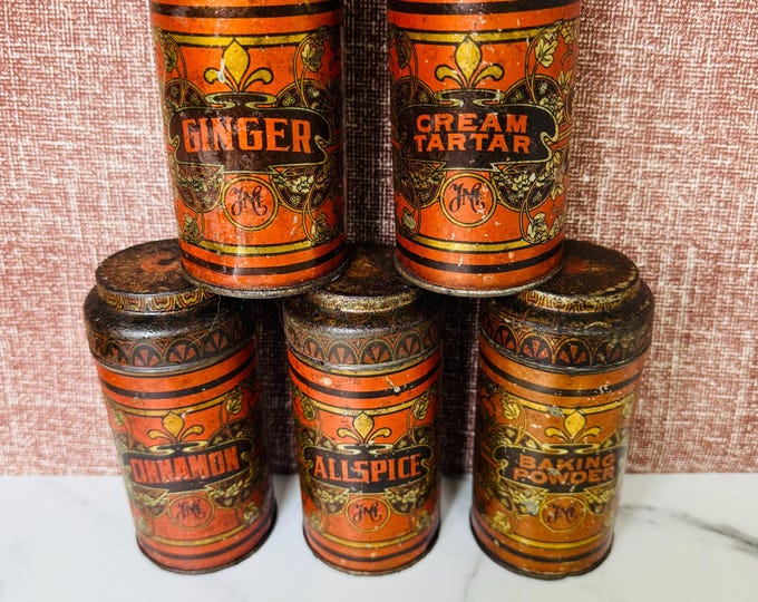 Antique Set of 5 Boone Spice Tin Containers With Lids, Hoosier Art ...