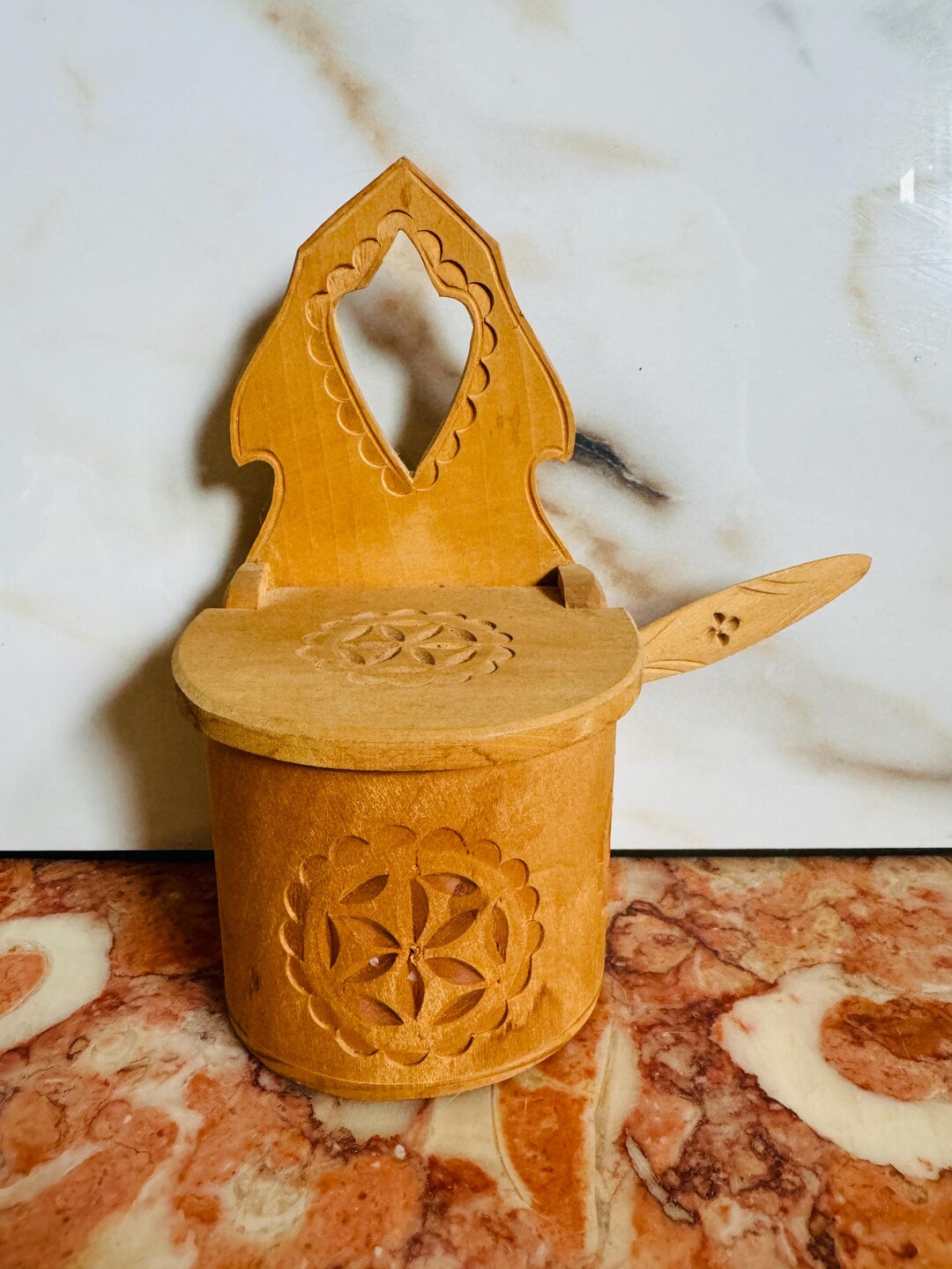 Carved Wood Salt Box With Spoon, Folk Art Wall Art, Made in Poland With ...