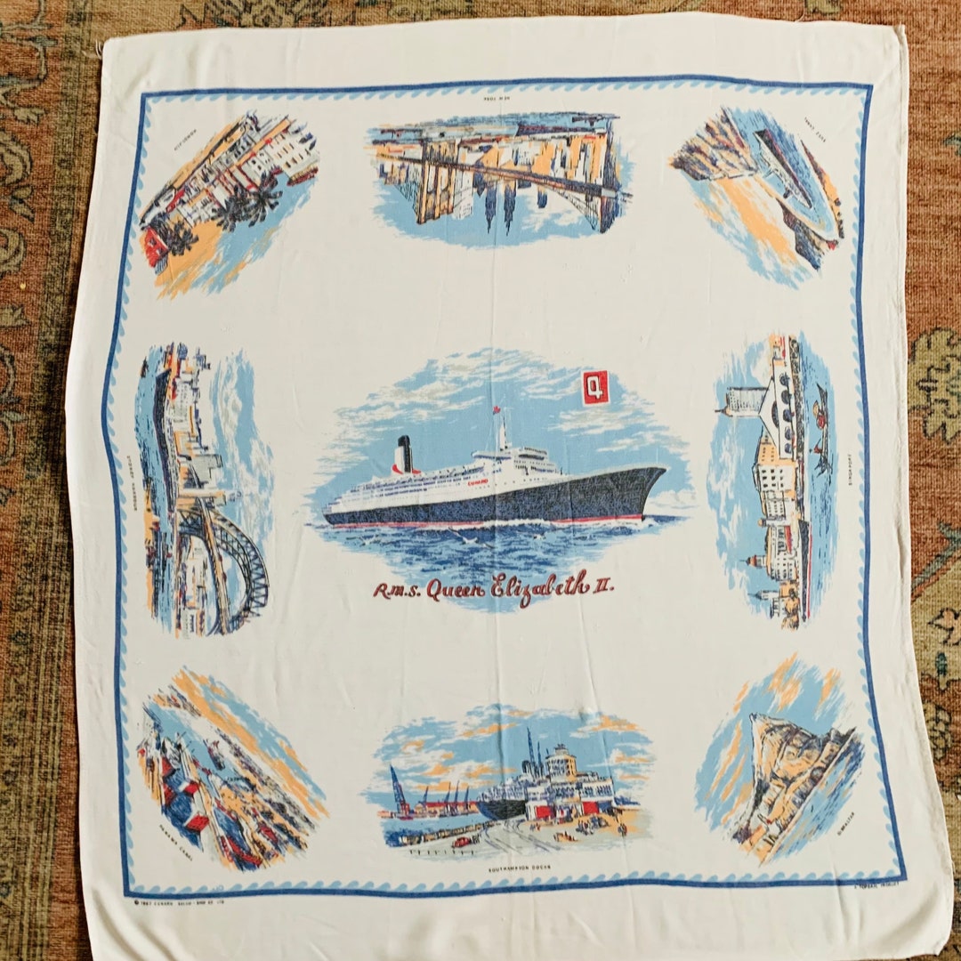 Vintage Cunard RMS Queen Elizabeth II Cruise Ship Cotton Fabric ...