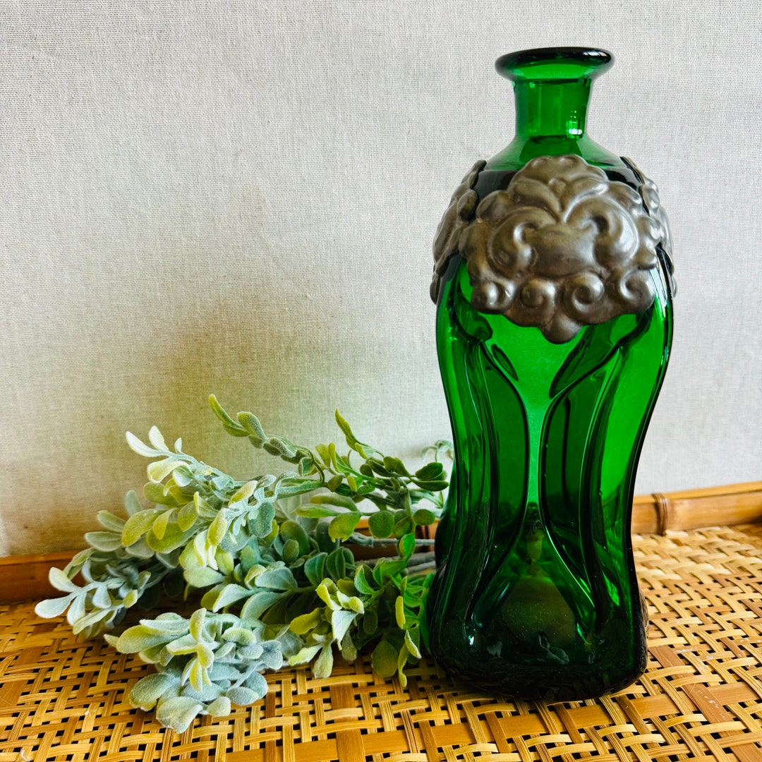 Collectible Holmegaard Emerald Green Glass Bottle Decanter With Ornate Pewter Detailing. Danish ...