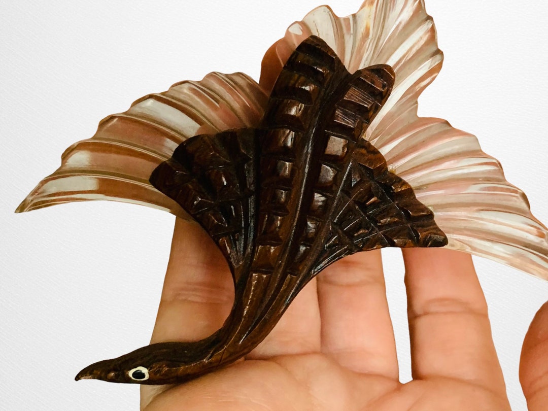 Early Mid Century Reverse Carved Wood and Lucite Crane Bird Brooch Pin ...