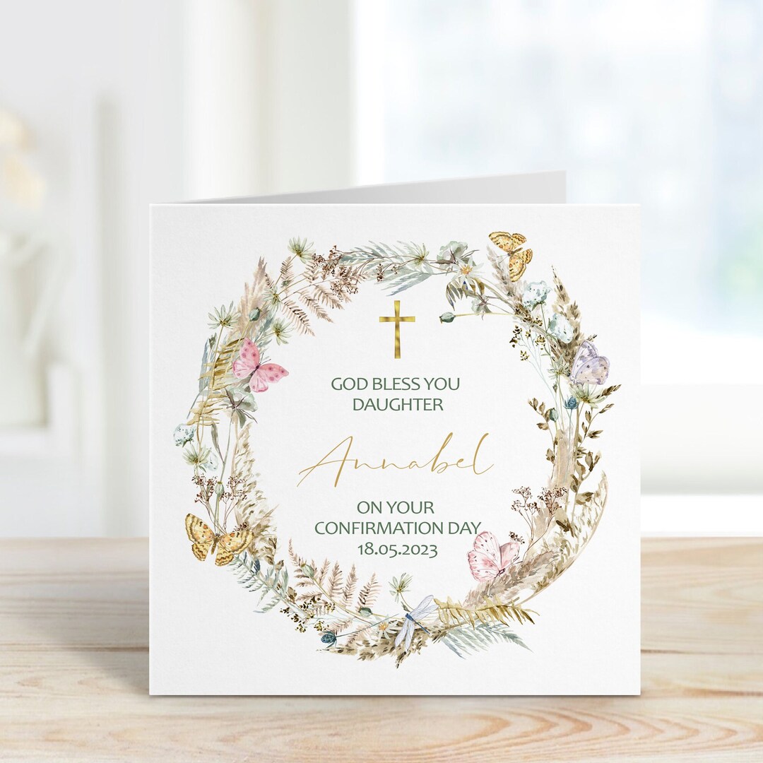 Personalised Confirmation Card for Boy or Girl, Boho Wreath ...