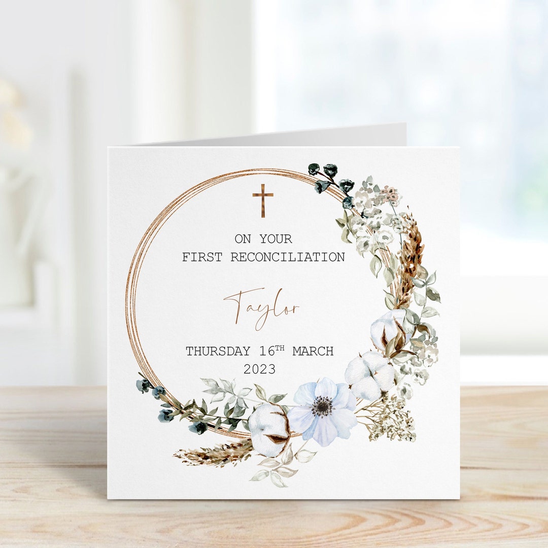 Personalised First Reconciliation Card Floral Frame, Handmade First ...
