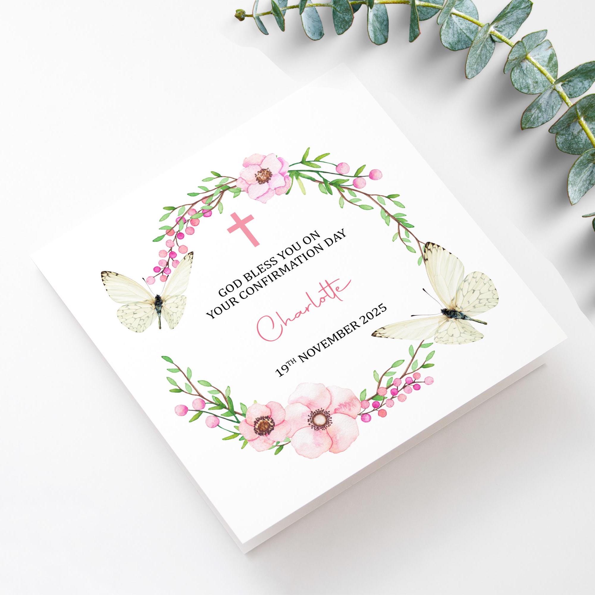 Confirmation Card With Pink Floral Butterfly Frame for Girl ...