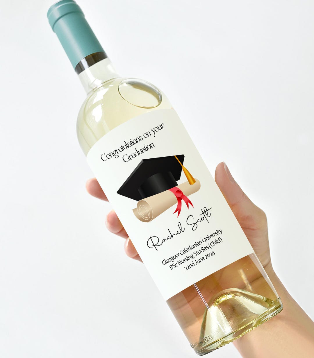 Graduation Wine Bottle Label With Scroll and Cap Design Personalised ...