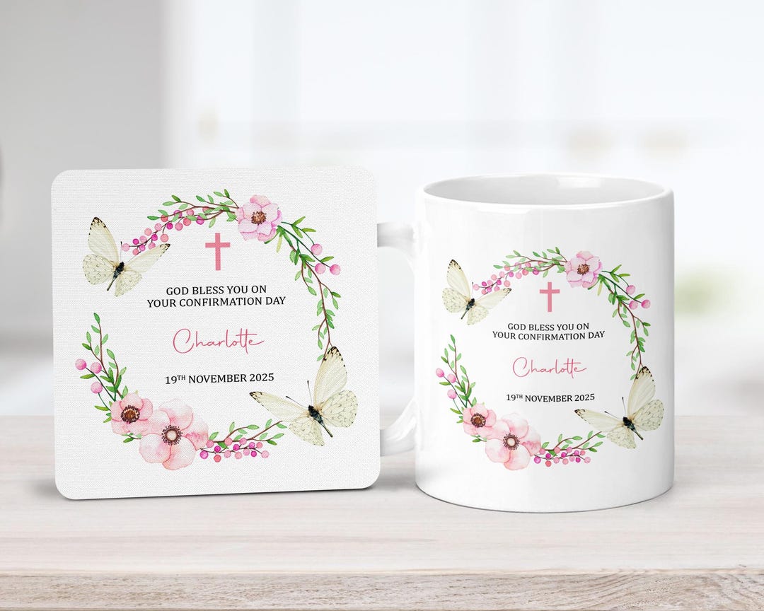 Confirmation Gift Mug and Coaster With Pink Floral Butterfly Design ...