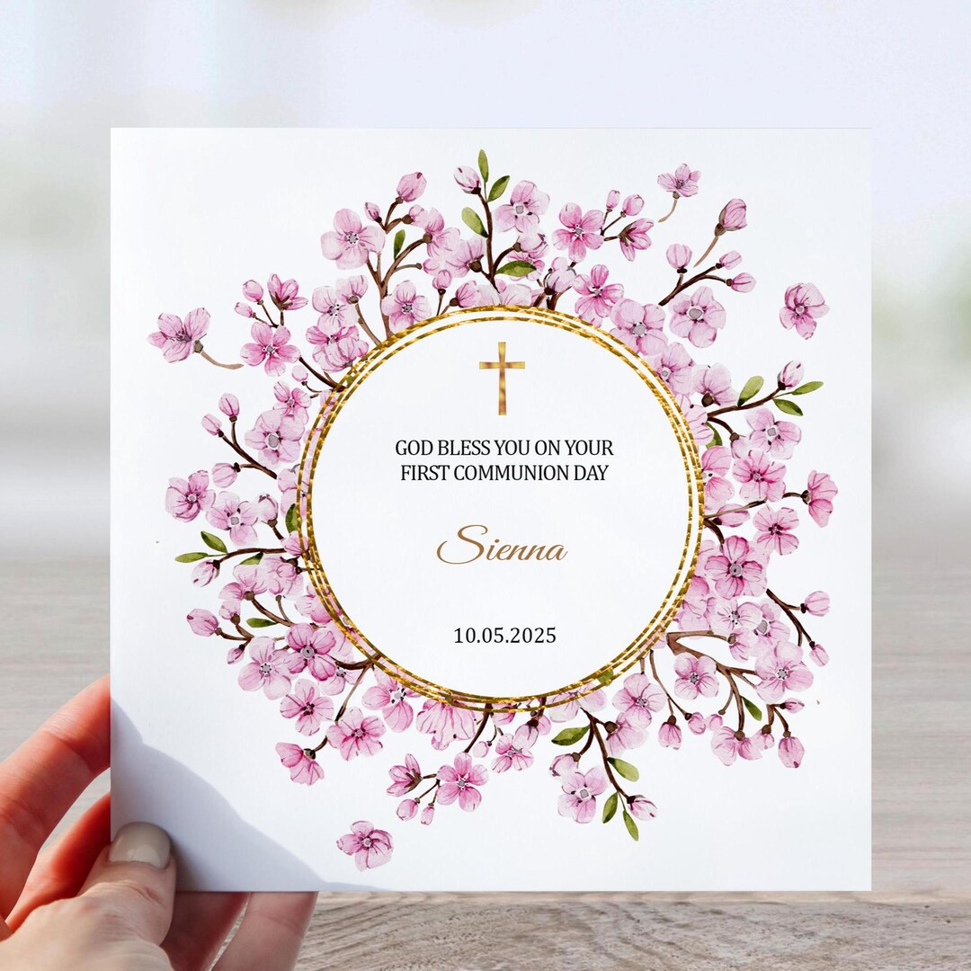 Personalised First Communion Card, Holy Communion Card Girl, Pink First ...