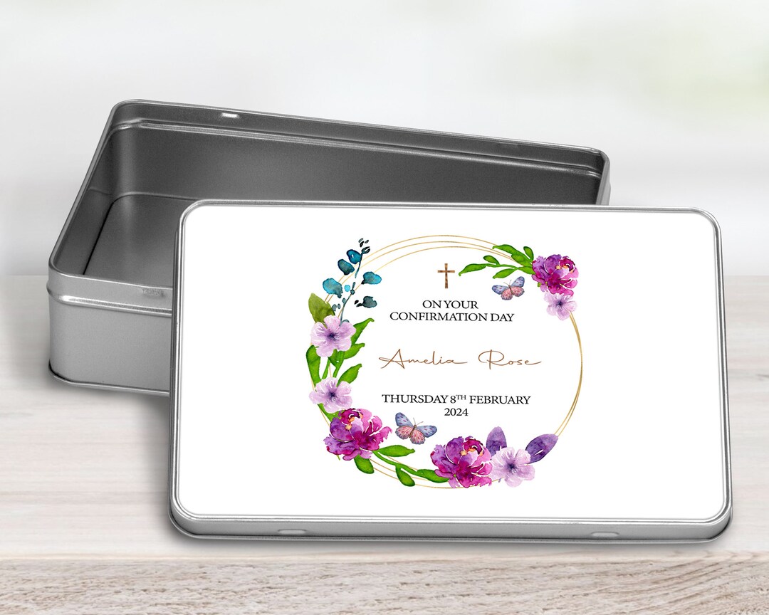 Personalised Confirmation Keepsake Box: Purple Floral Watercolour ...