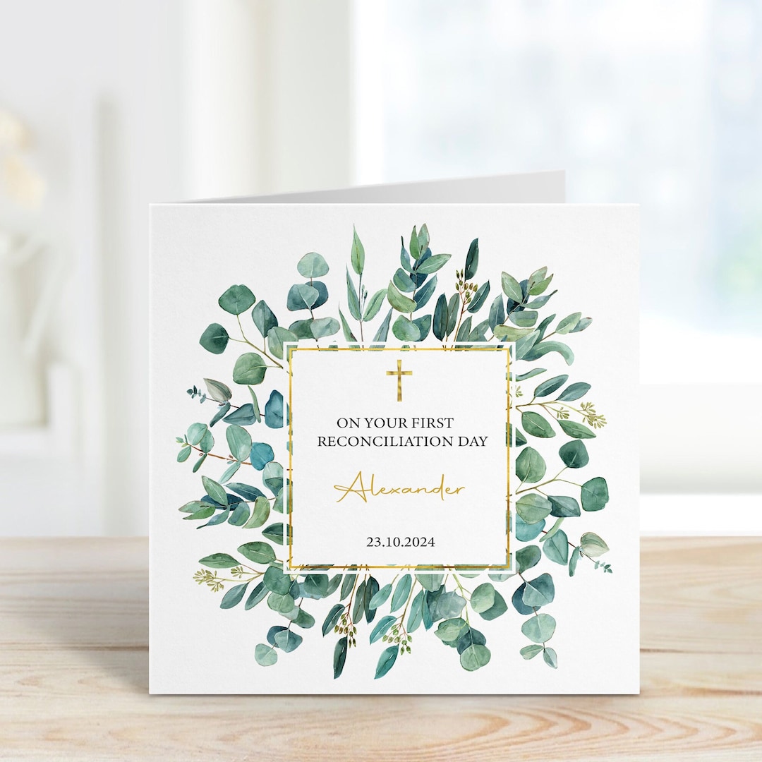 First Reconciliation Card for Boy or Girl With Eucalyptus Design Personalised With Any Name for ...