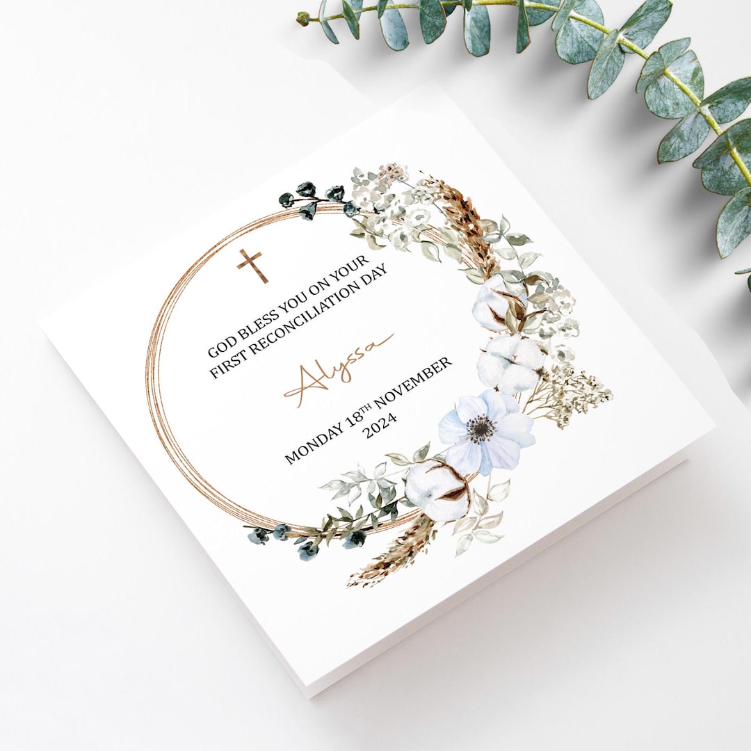 Personalised First Reconciliation Card With Floral Frame, Handmade ...