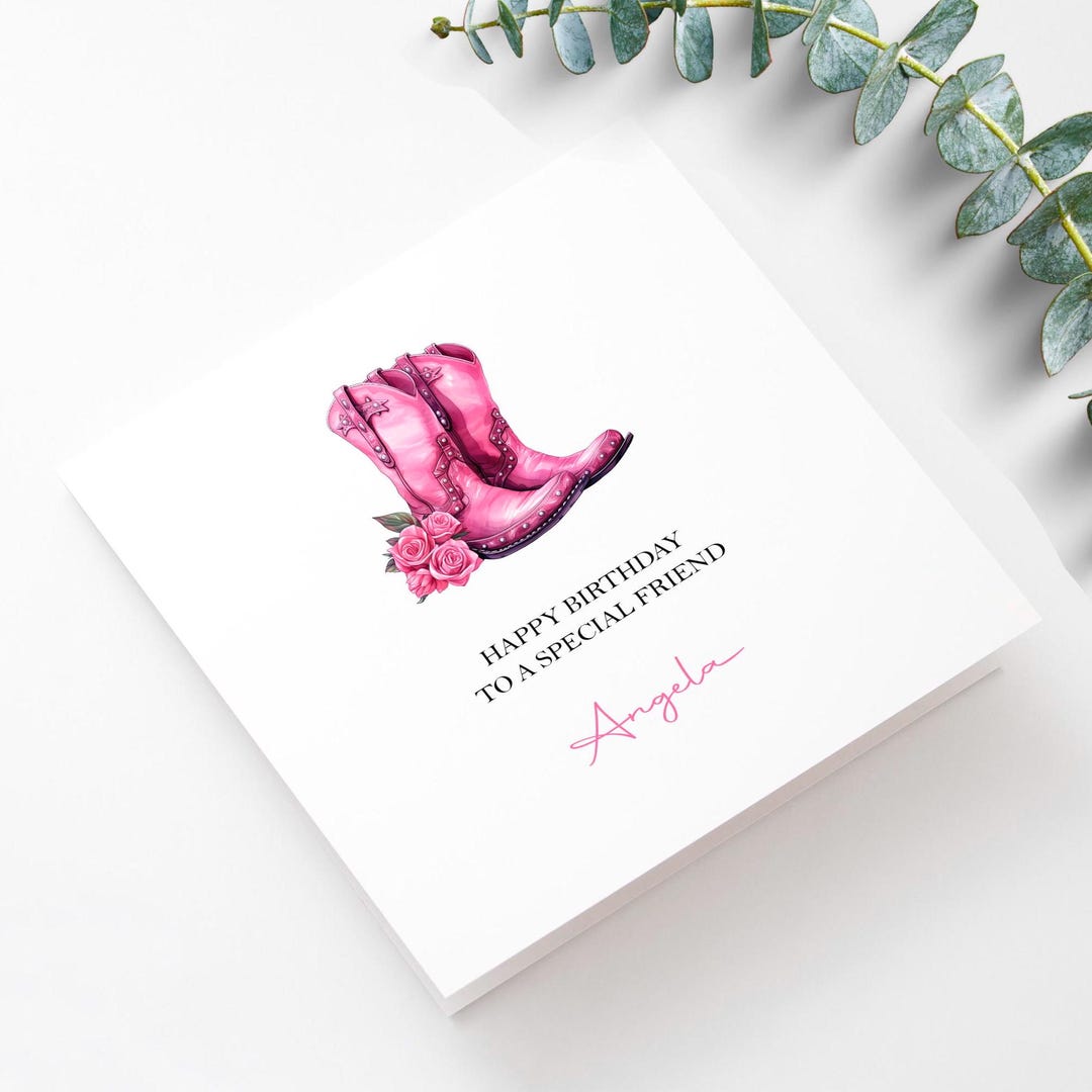 Cowgirl Birthday Card With Cowboy Boots Floral Design, Pink Cowboy ...