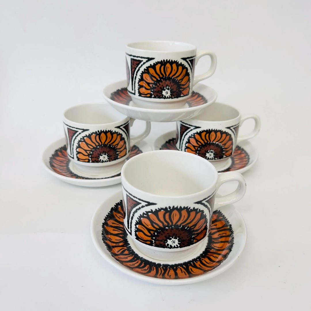 Retro 1970s Biltons Sunflower Cups and Saucers X Four, Vintage Pottery ...