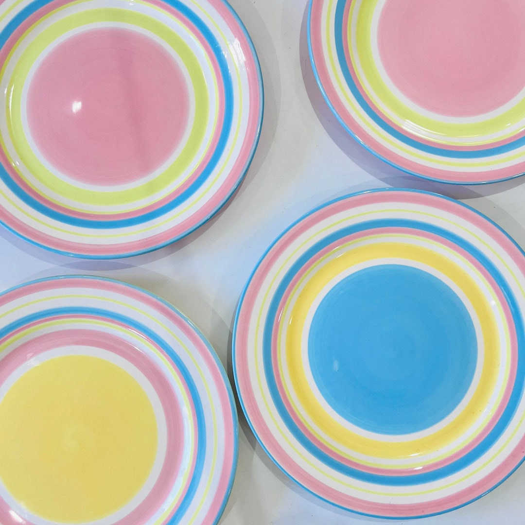 Vintage 00s Colourful Stripe 11 Dinner Plates X Four, Quirky Dinner ...
