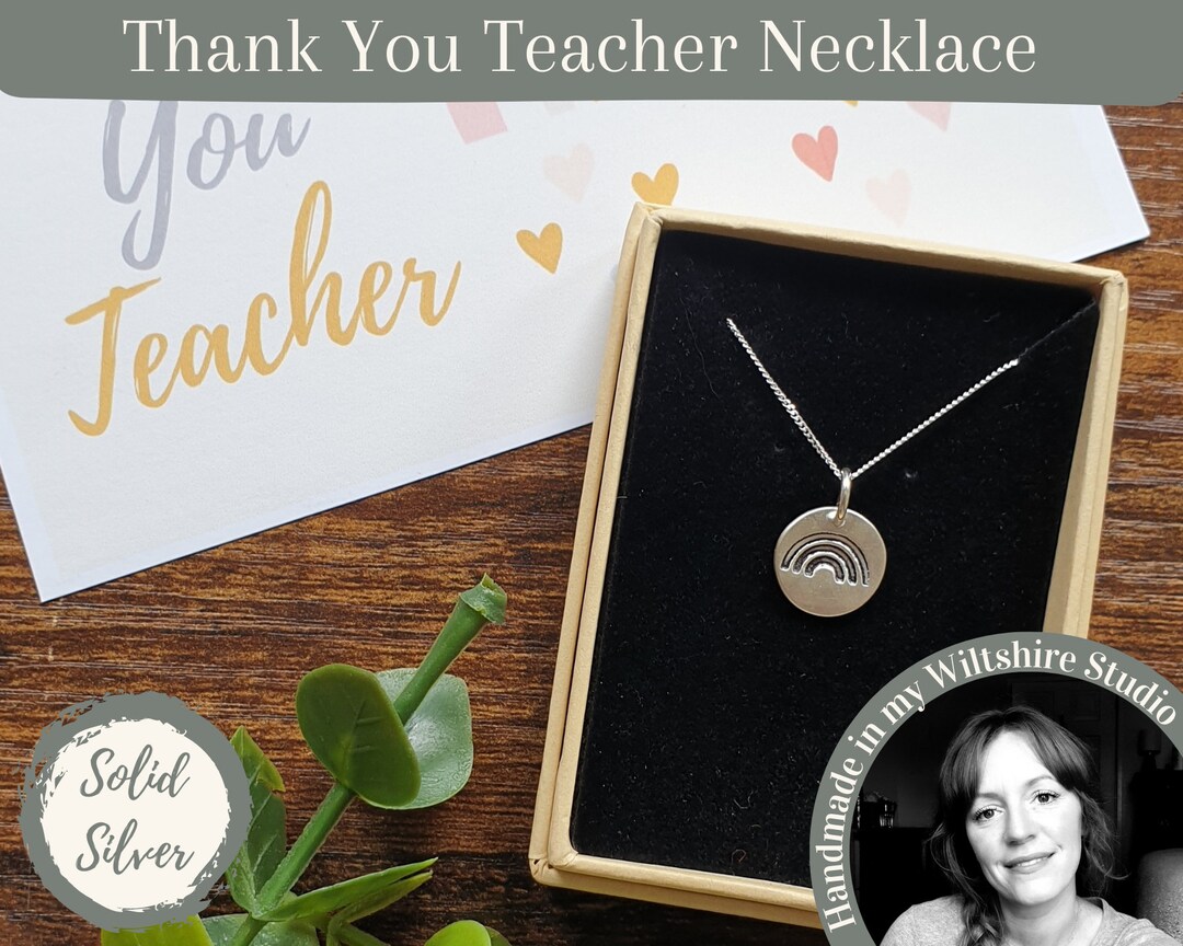 Thank You Teacher Rainbow Necklace, Silver Stamped Rainbow Charm, Gift ...