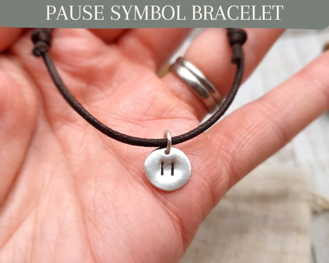 Pause Symbol Bracelet, 999 Pure Silver Pause Stamp Circle Charm, Waxed ...