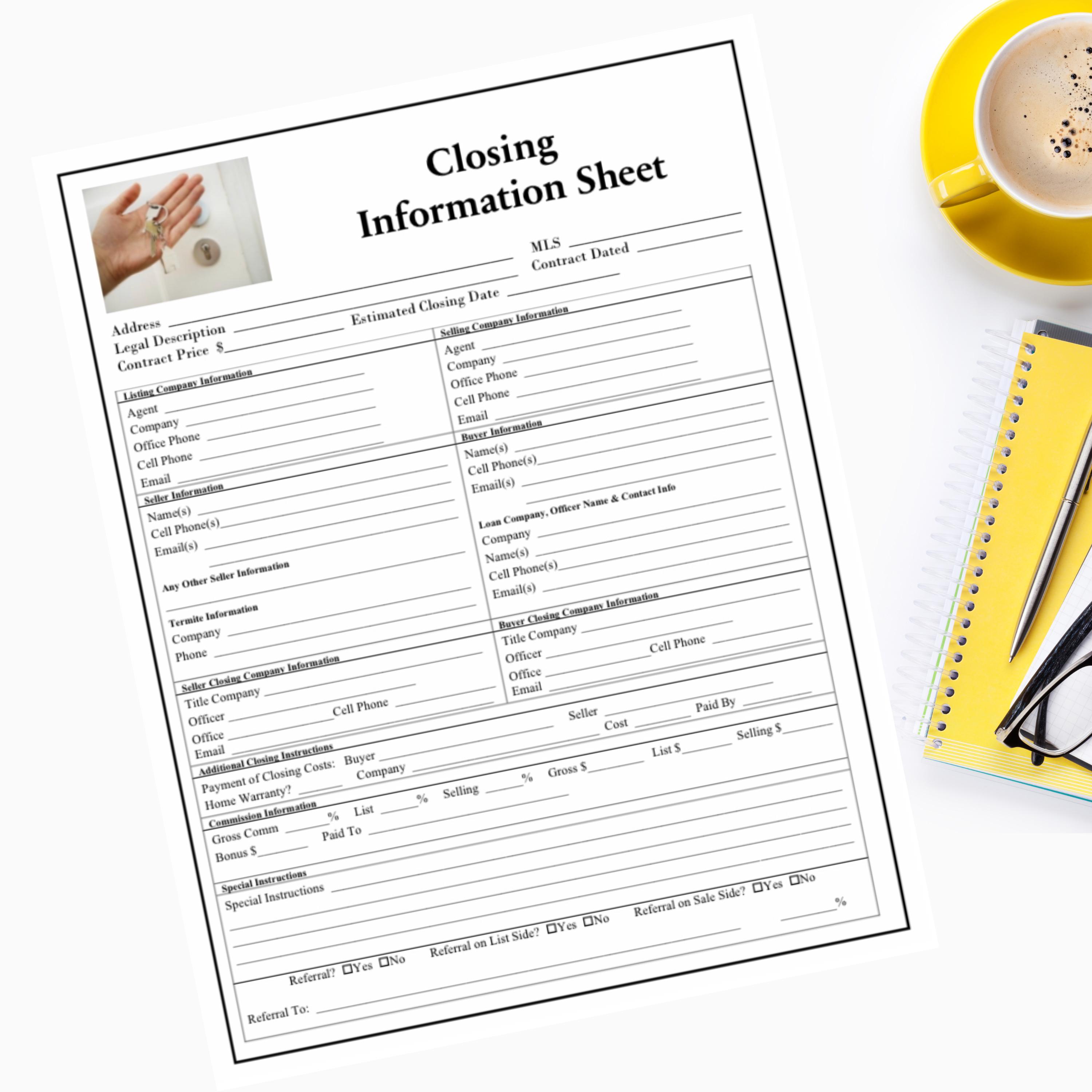 Realtor Real Estate Closing Information Sheet Real Estate Documents ...