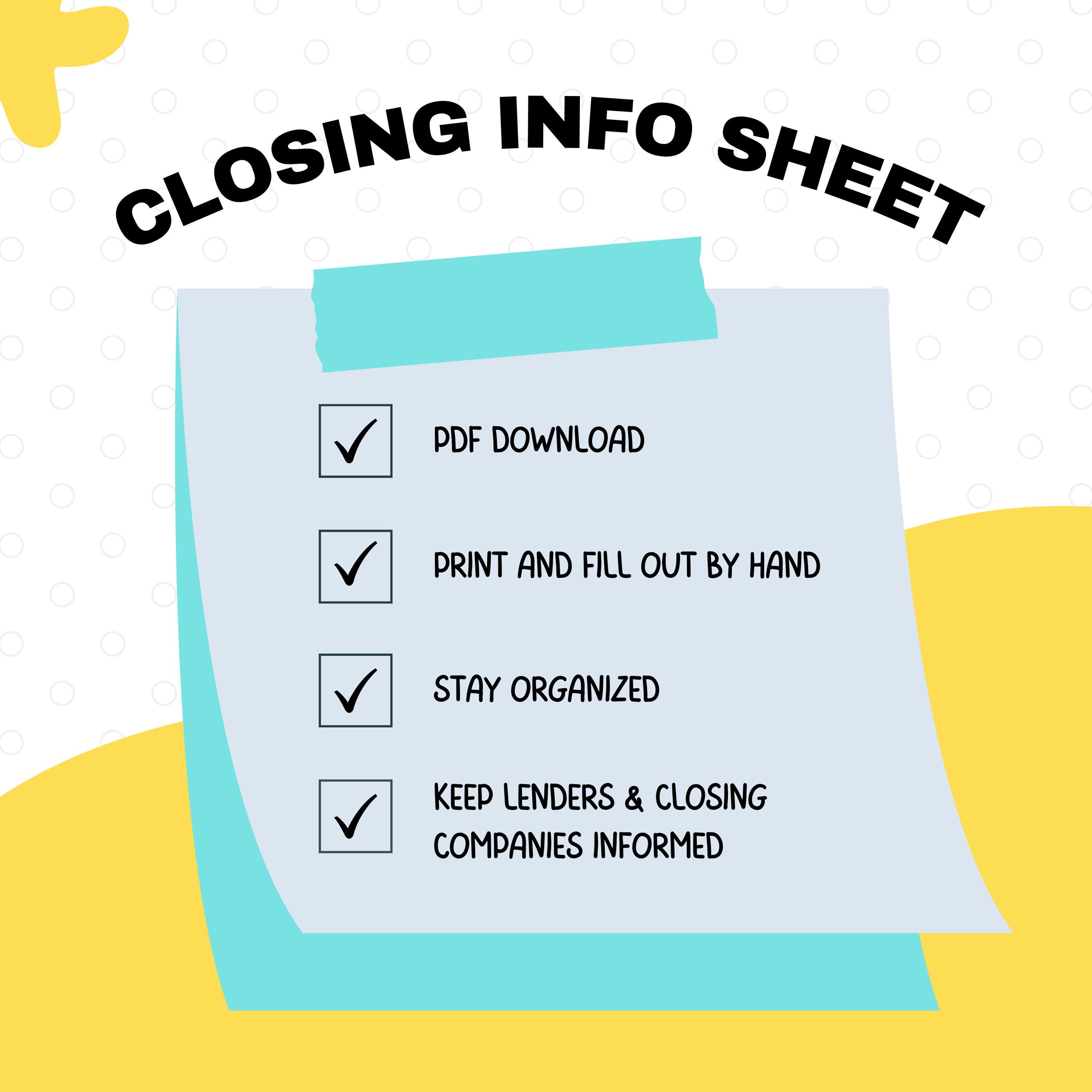 Realtor Real Estate Closing Information Sheet Real Estate Documents ...