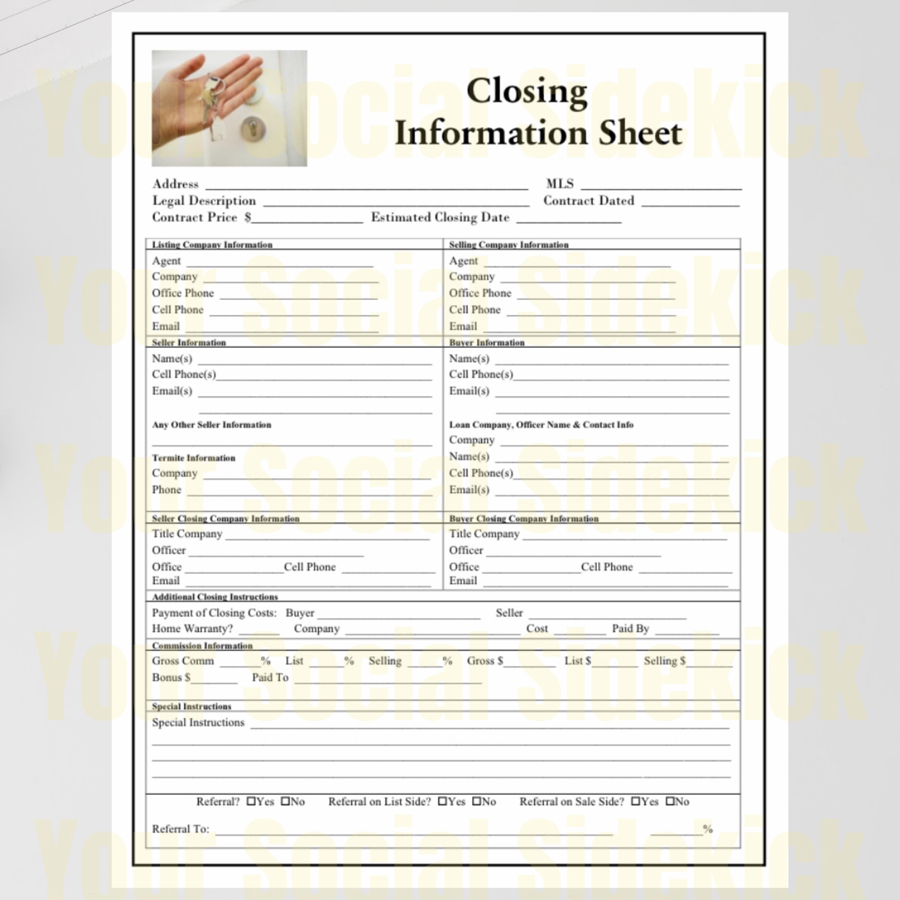 Realtor Real Estate Closing Information Sheet Real Estate Documents ...
