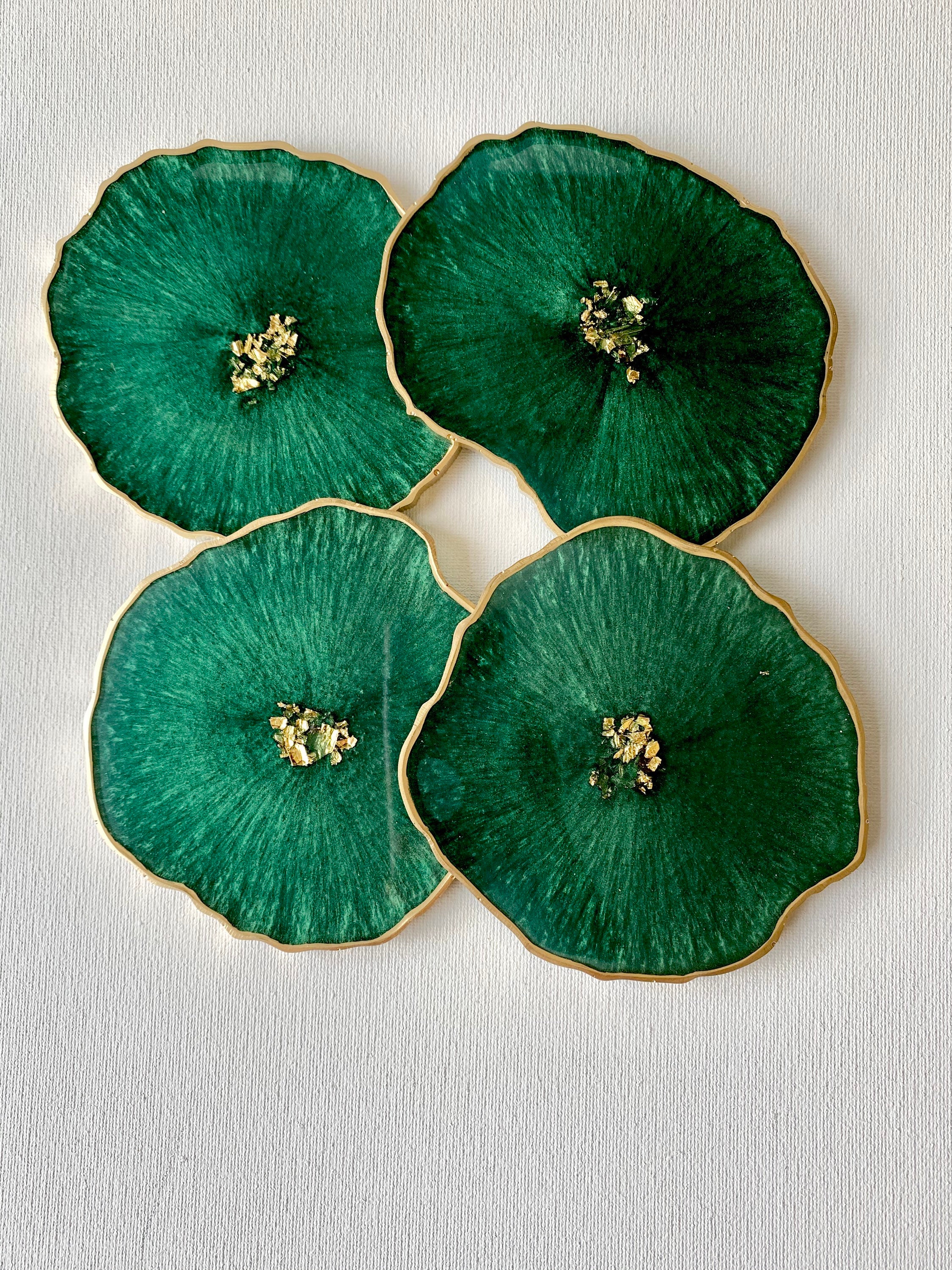 Resin Coaster Set- Geode Agate Emerald Green Coasters W Gold Accents ...