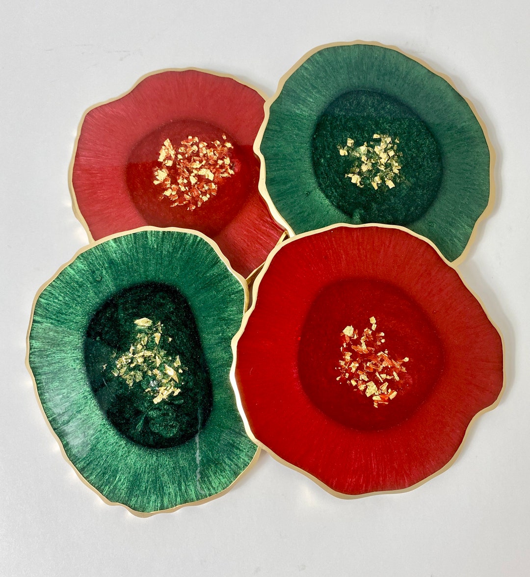 Christmas Coasters, Red and Green Resin Coaster Set With Gold Accents ...