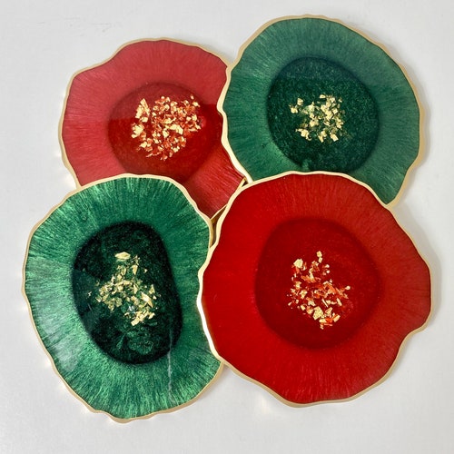 Christmas Coasters Red and Green Bling Resin Coaster Set With - Etsy