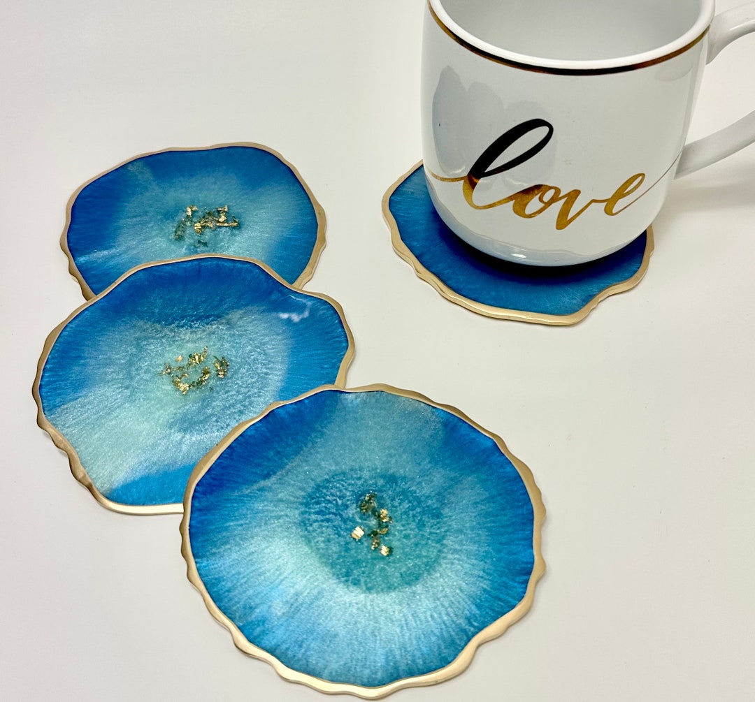Resin Coaster Set- Geode Agate Cobalt Navy Blue W Turquoise Coasters W ...