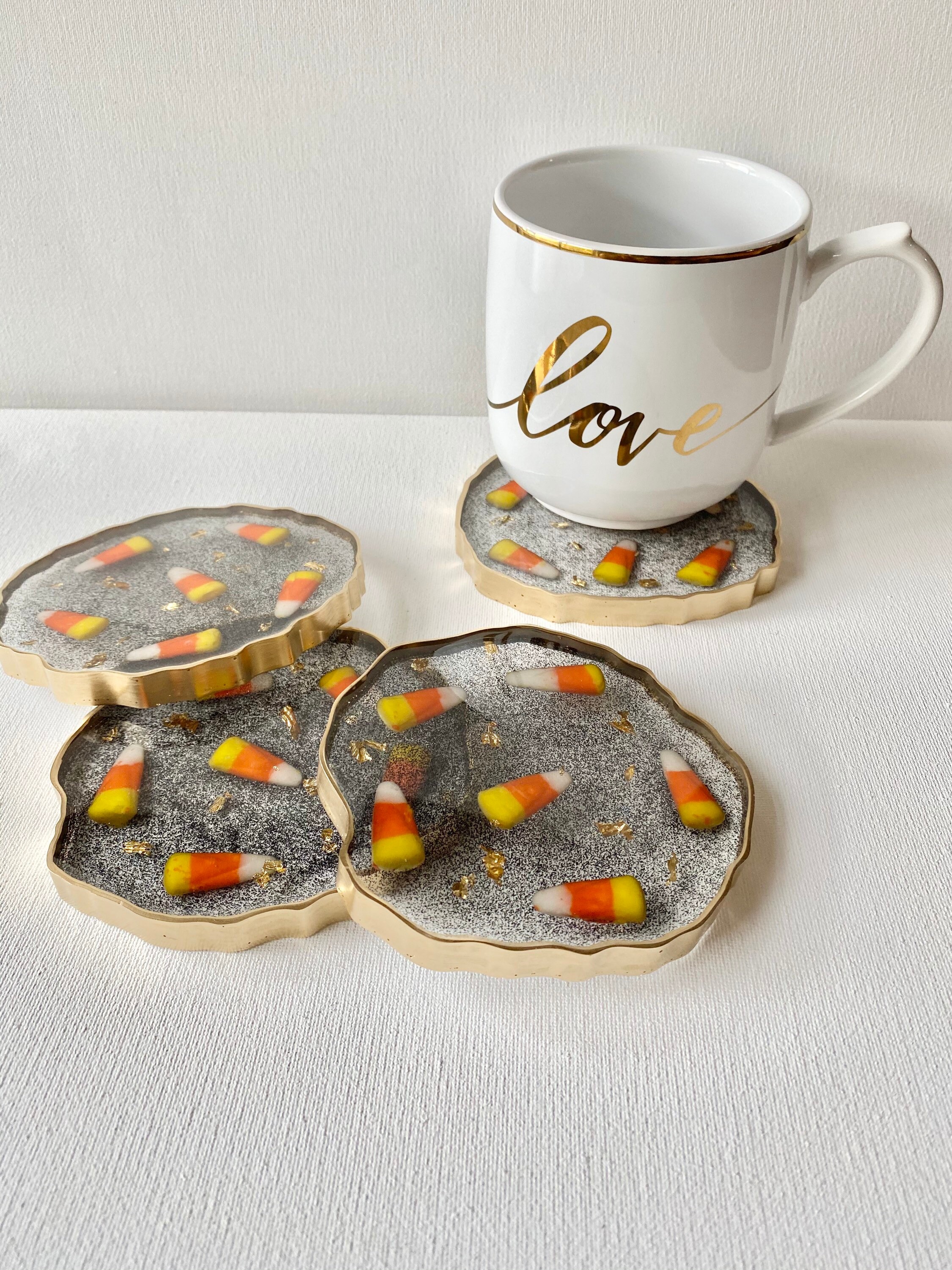 Halloween Candy Corn Resin Coaster Set- Clear With Black Bottom Agate ...