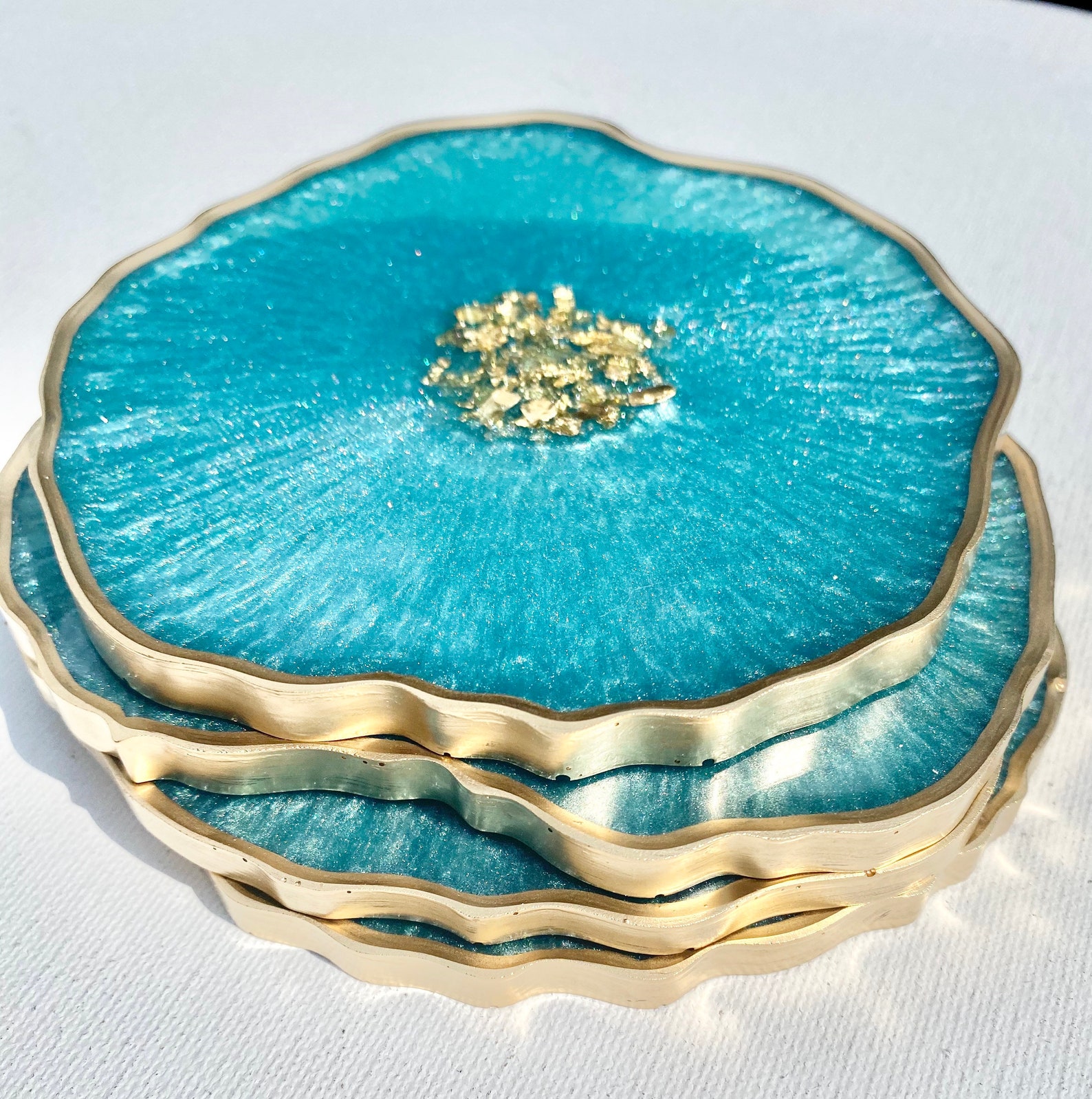 Resin Coaster Set-turquoise Resin Geode Coaster Agate With Gold Accents ...