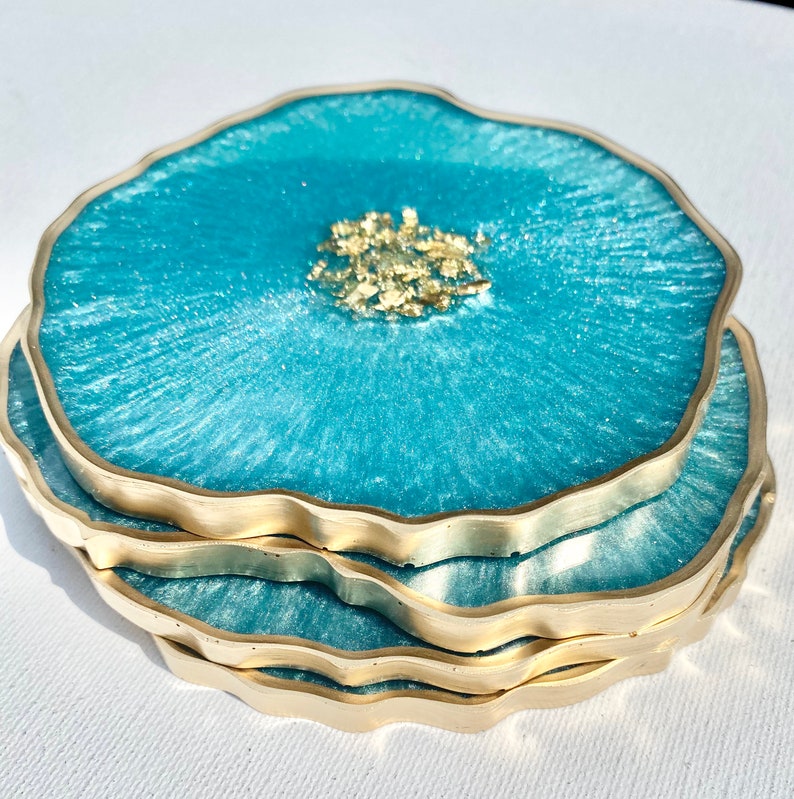 Resin Coaster Set-turquoise Resin Geode Coaster Agate With Gold Accents ...