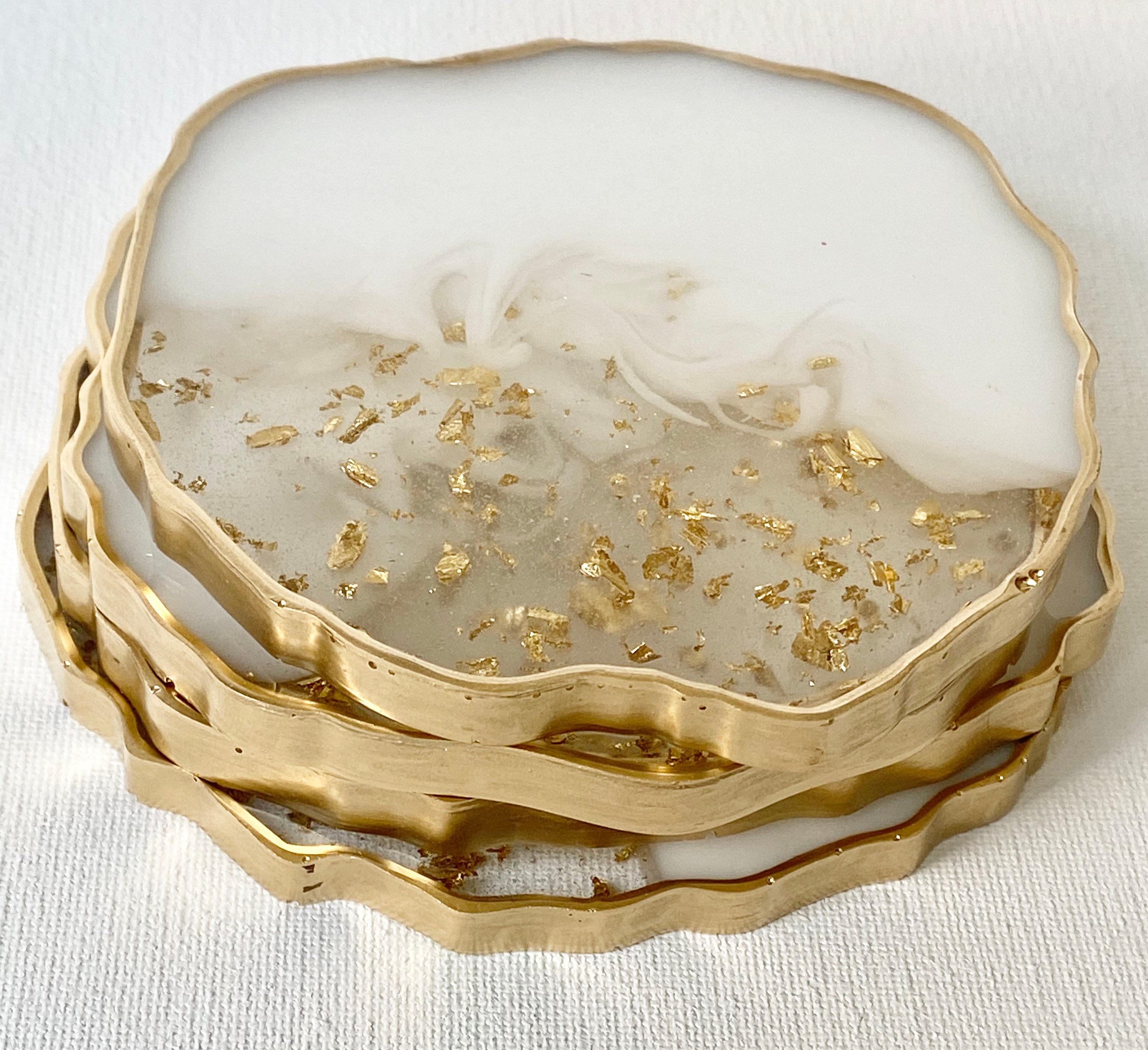 Resin Coaster Set- White and Gold Flake Resin Marble Geode Coasters ...