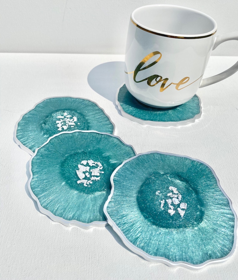 Teal Turquoise Resin Coaster Set-geode Resin Agate Coasters | Etsy