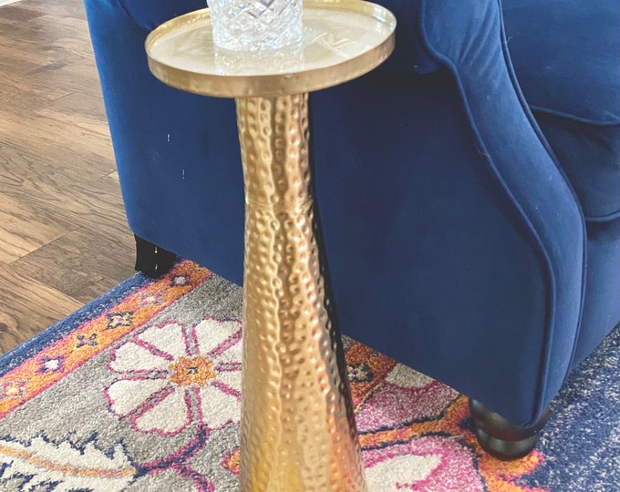 Cocktail Martini Drink Table, Hammered Metal Gold & White Geode Resin ...
