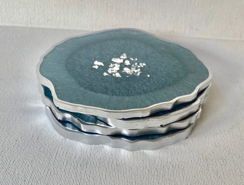Resin Geode Coaster Set, Steel Blue and Silver - Set of 4 Agate ...