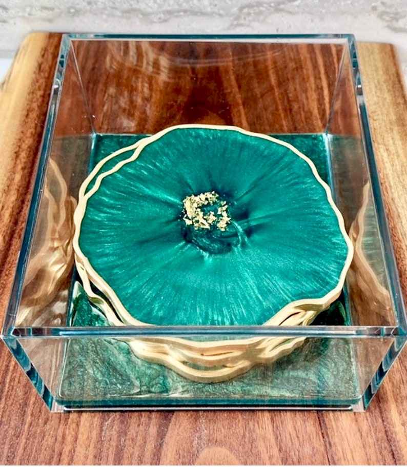 Resin Coaster Set- Geode Agate Emerald Green Coasters W Gold Accents ...