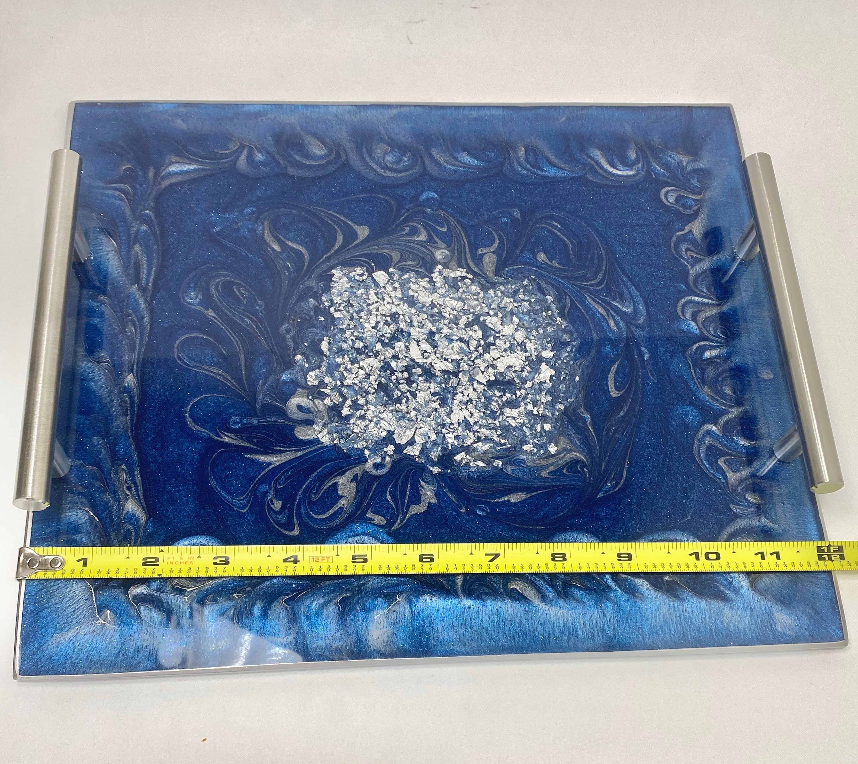 Geode Navy Blue and Silver Resin Decorative Serving Tray With Modern ...