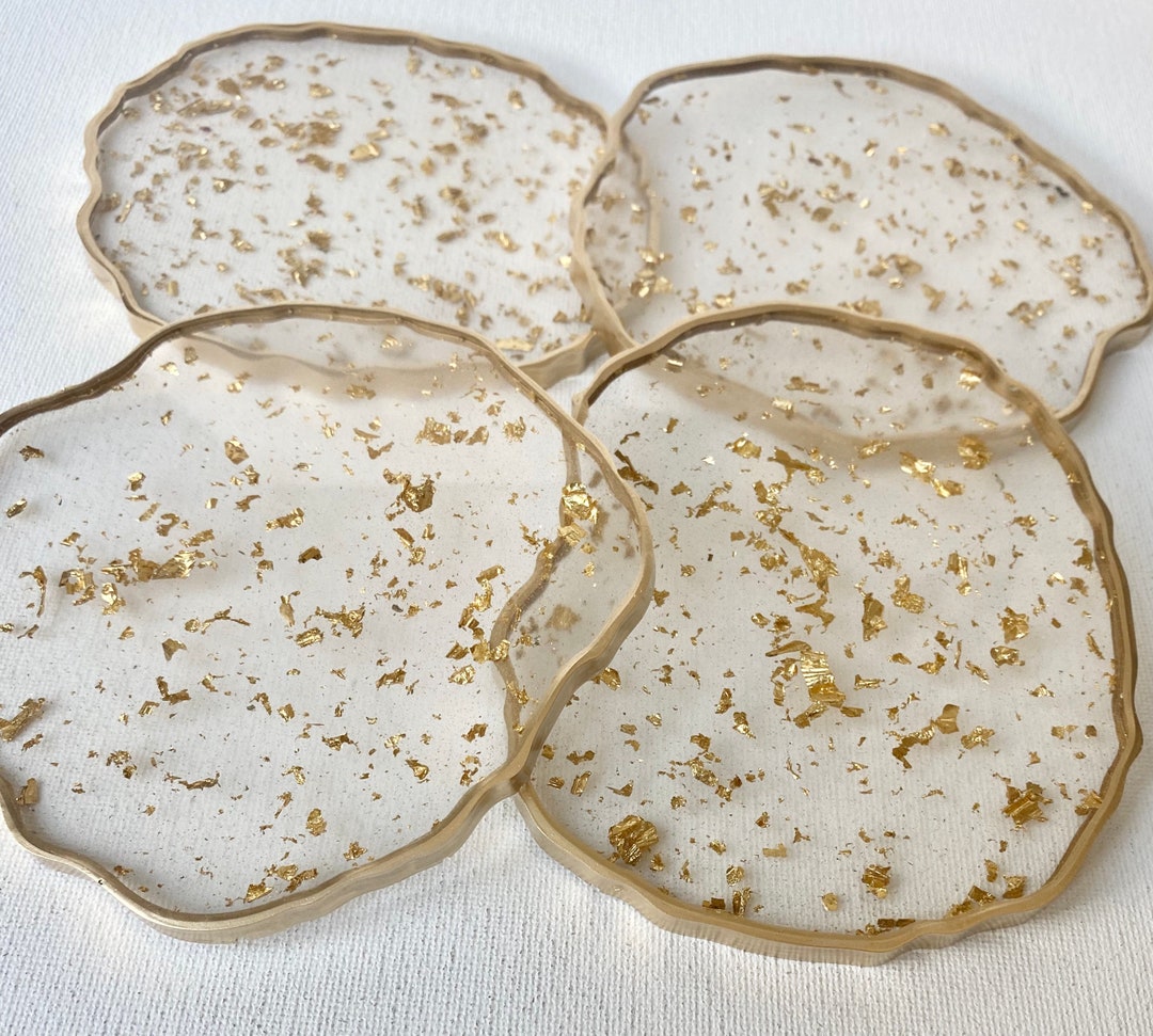 Modern Gold Metallic Flake Resin Coaster Set, Agate Geode Coasters ...