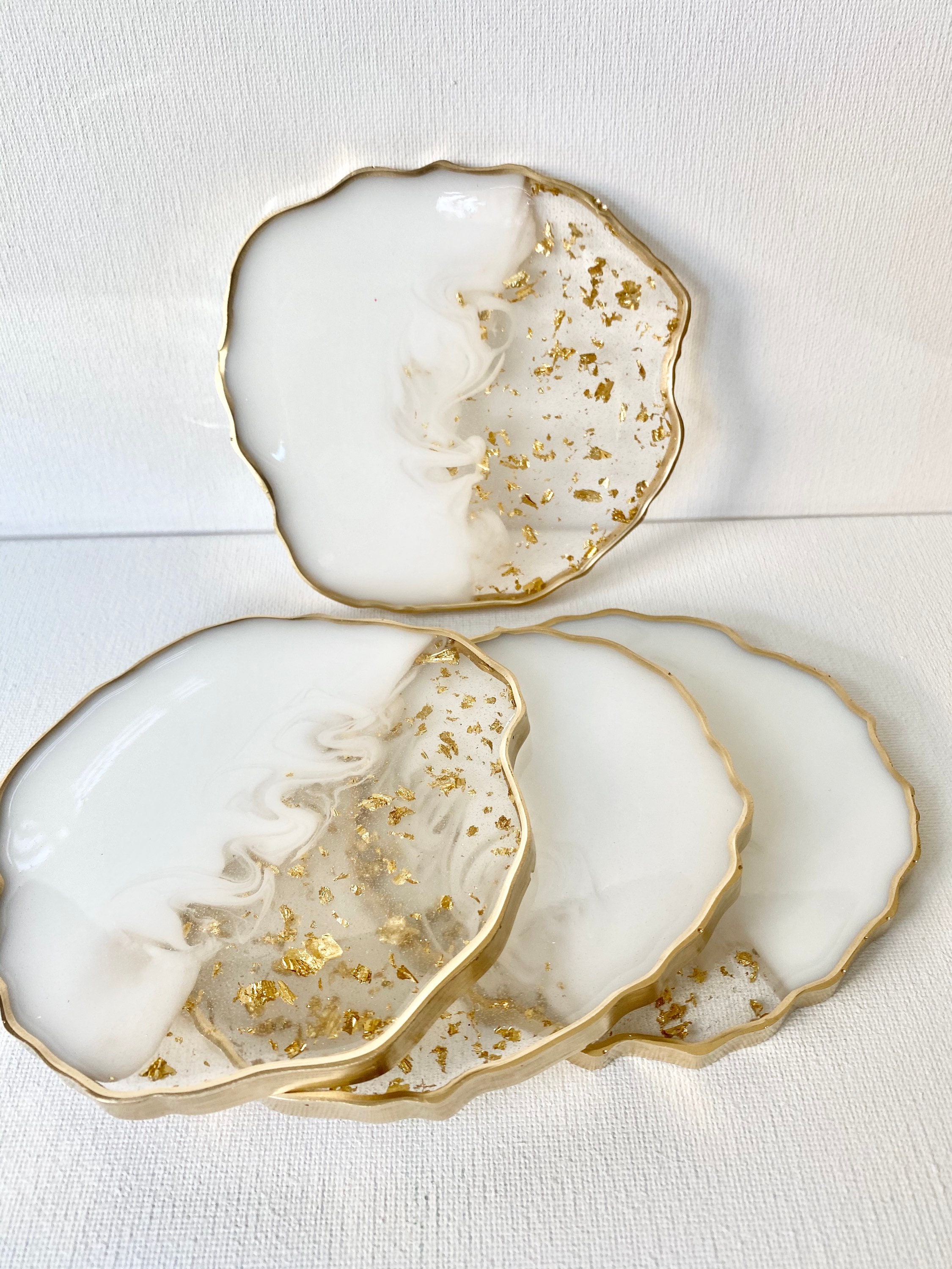 Resin Coaster Set- White and Gold Flake Resin Marble Geode Coasters ...