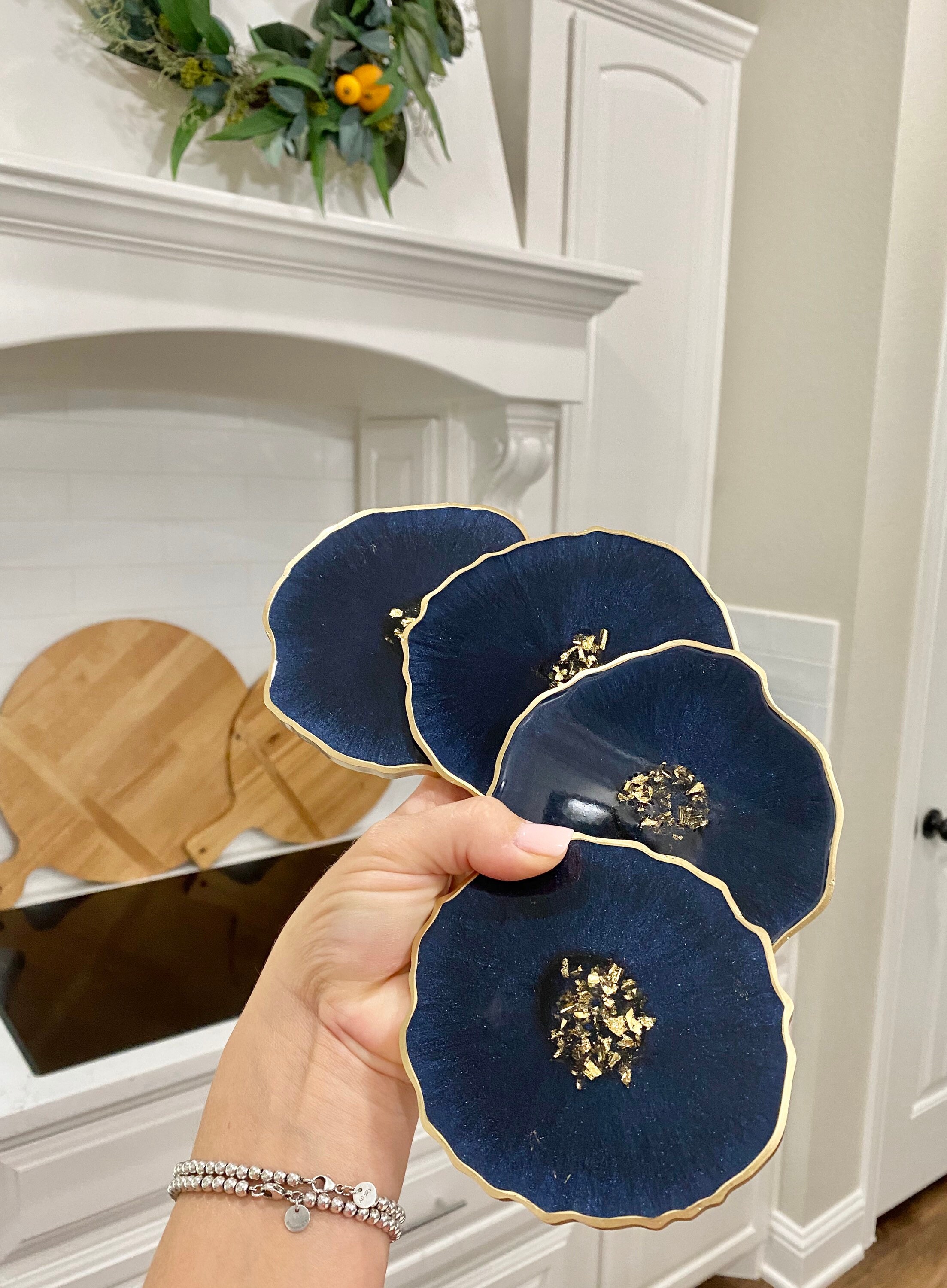 Resin Coaster Set-dark Navy Agate Geode Resin Coasters With Gold ...