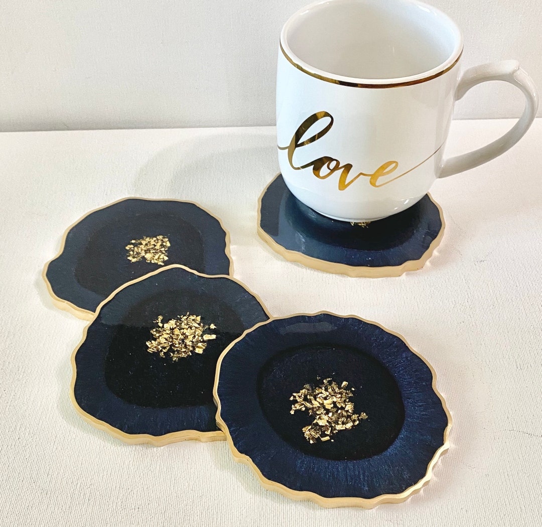 Resin Coaster Set-dark Navy Agate Geode Resin Coasters With Gold ...