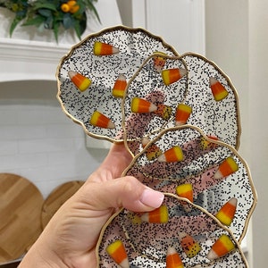 Halloween Candy Corn Resin Coaster Set Clear With Black Bottom Agate ...