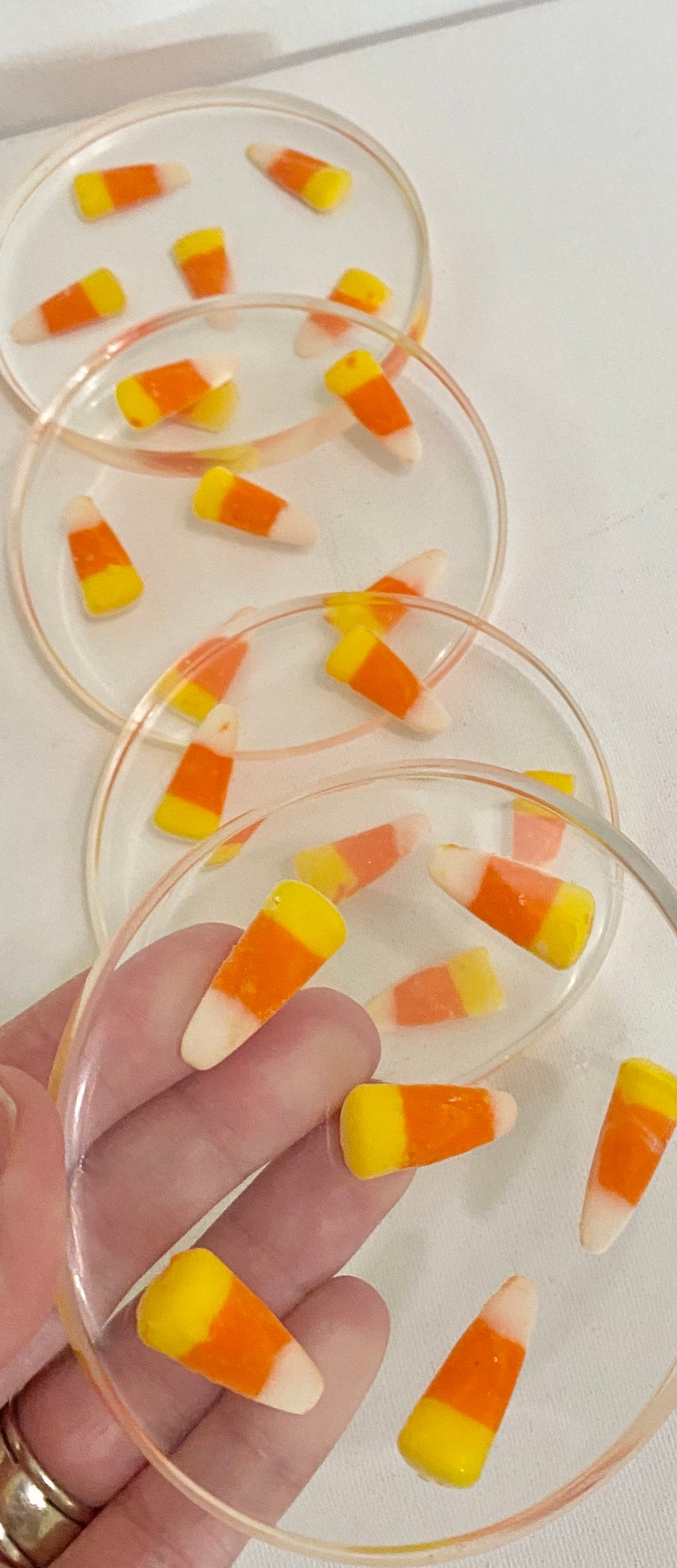Halloween Candy Corn Resin Coaster Set- Clear Round Epoxy Coasters ...