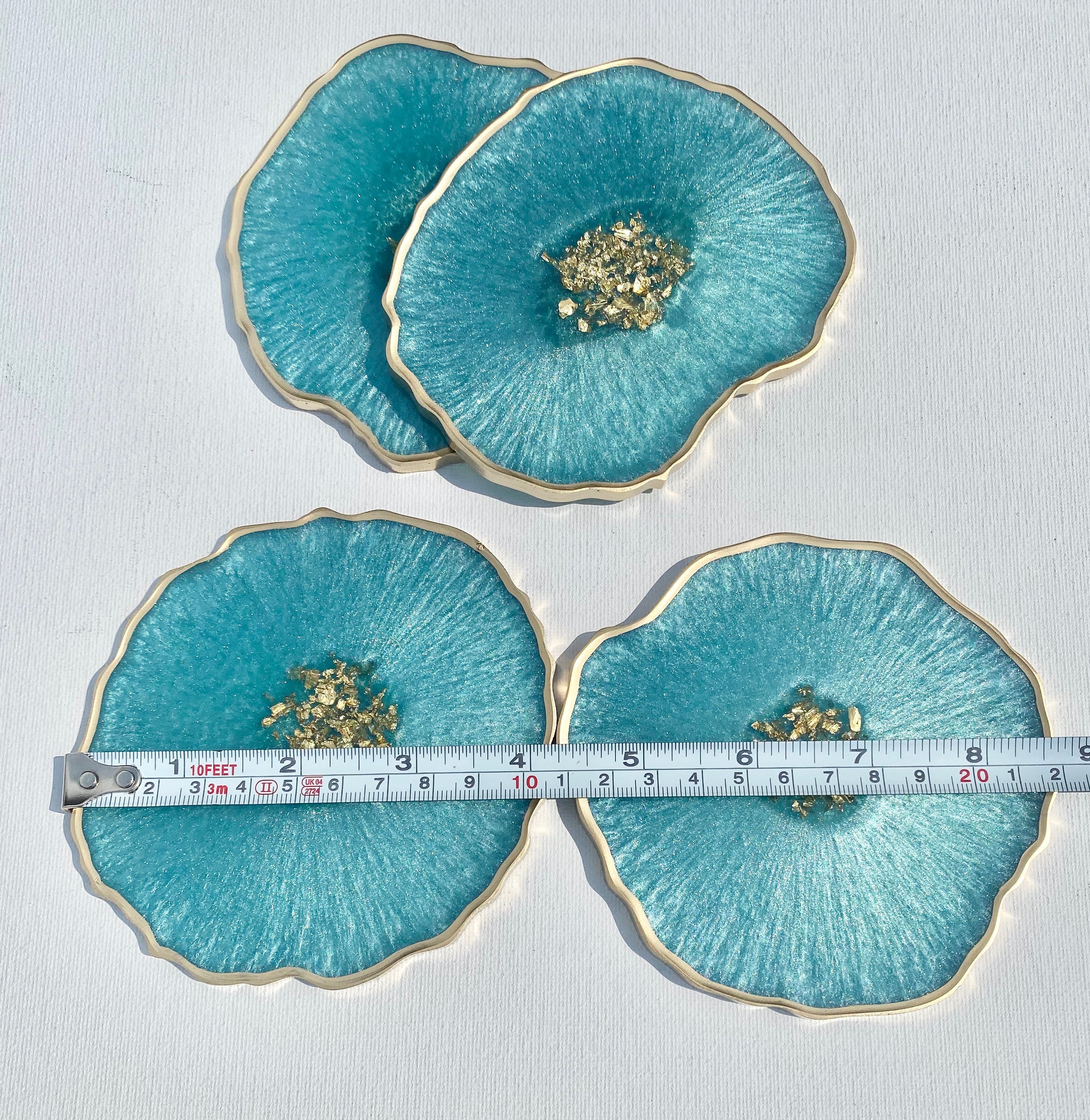 Resin Coaster Set-turquoise Resin Geode Coaster Agate With Gold Accents ...