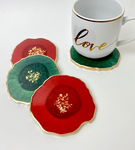 Christmas Coasters Red and Green Resin Coaster Set With Gold | Etsy