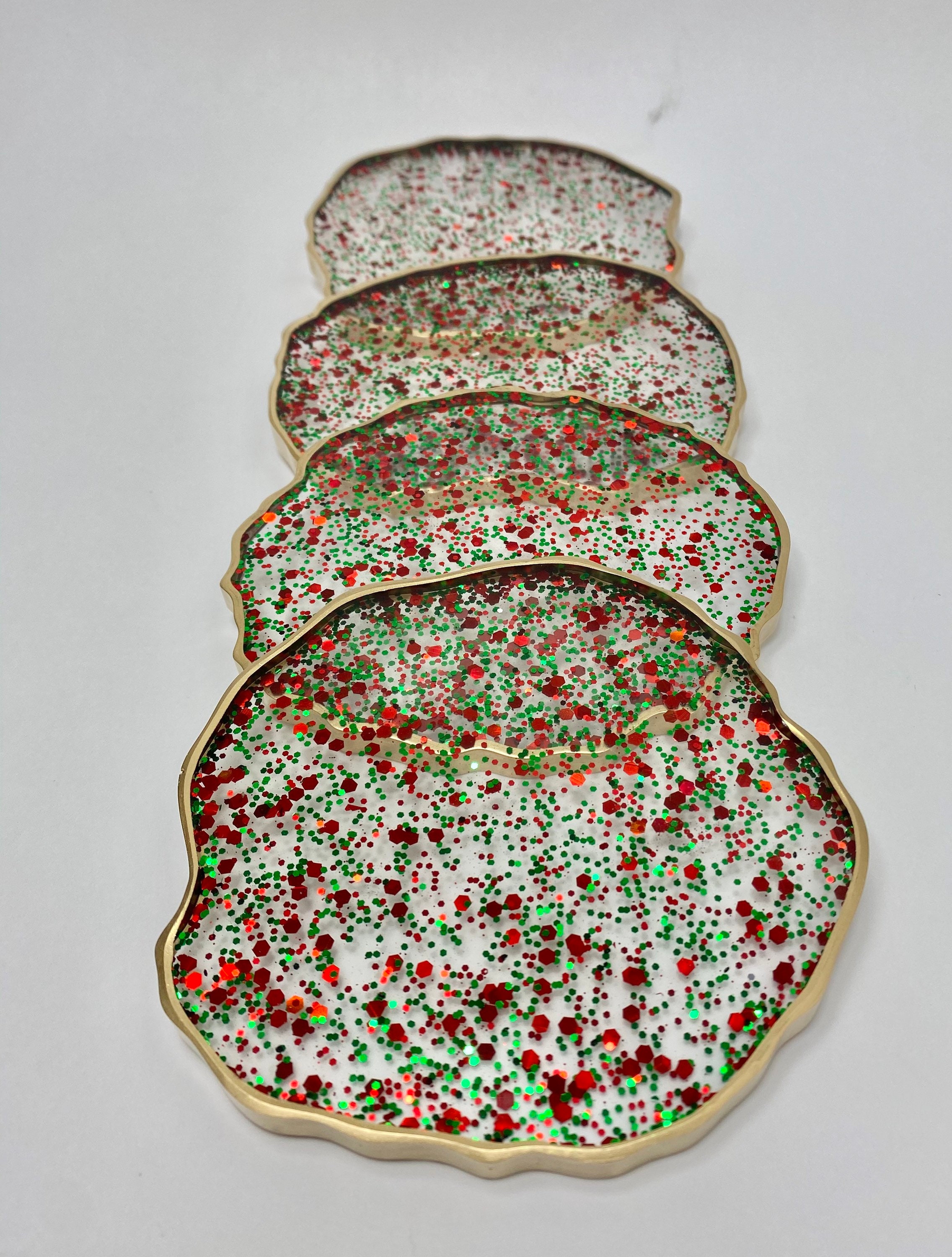 Christmas Coasters Red and Green Bling Resin Coaster Set With - Etsy