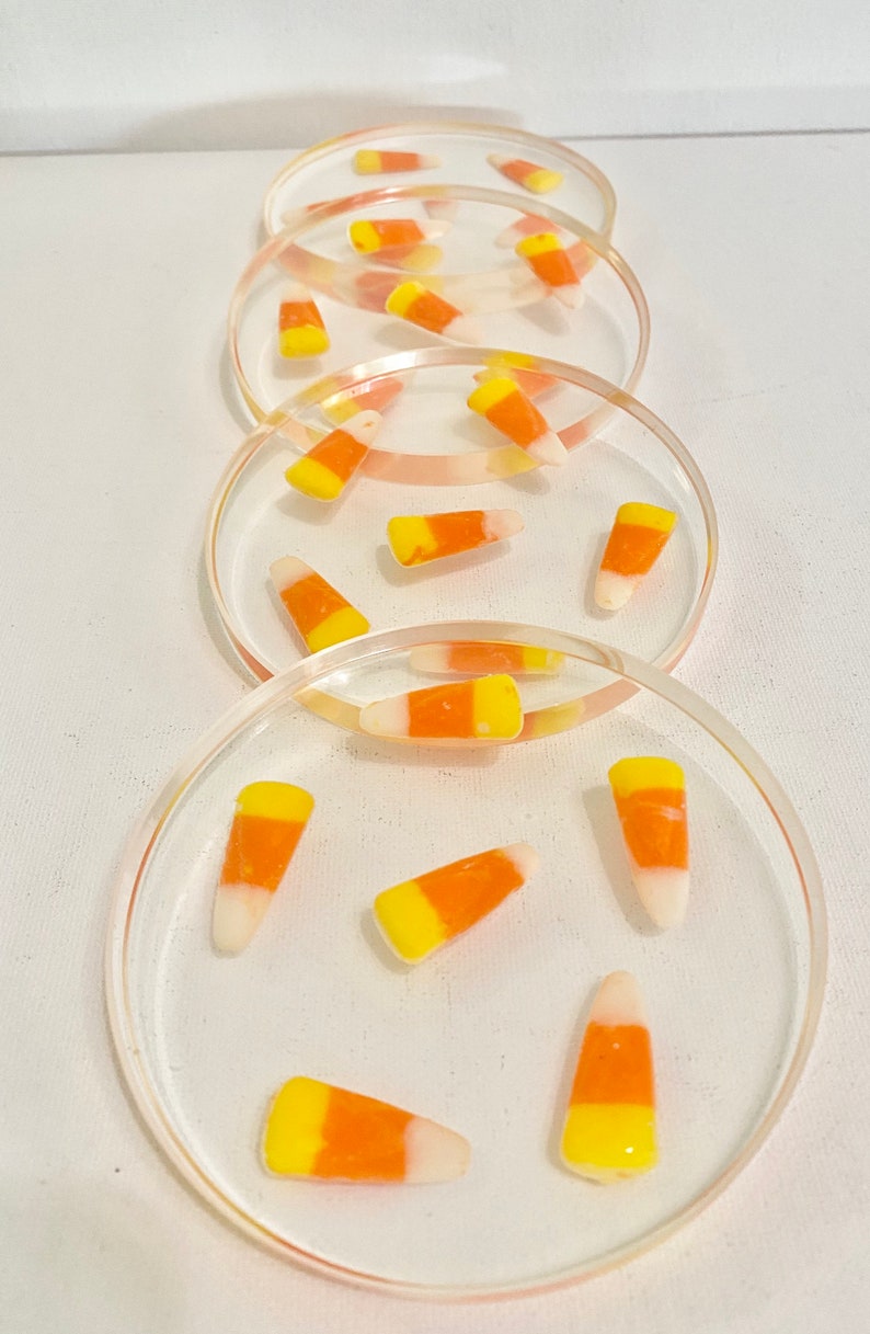 Halloween Candy Corn Resin Coaster Set- Clear Round Epoxy Coasters ...
