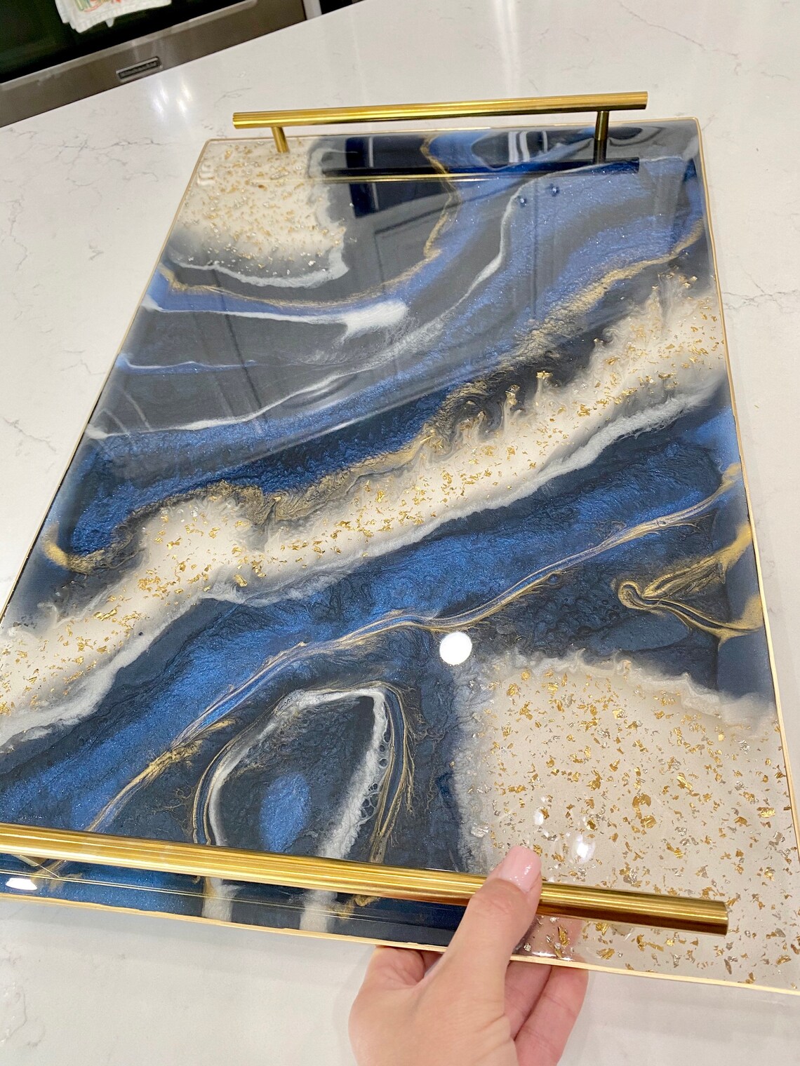 24x16 Huge Luxury Navy Blue and Gold Accent Resin Geode Modern Tray ...